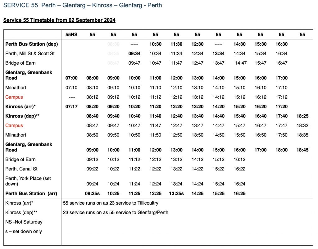 The 55 & 23 Public Bus Route Timetable - Glenfarg Community Transport