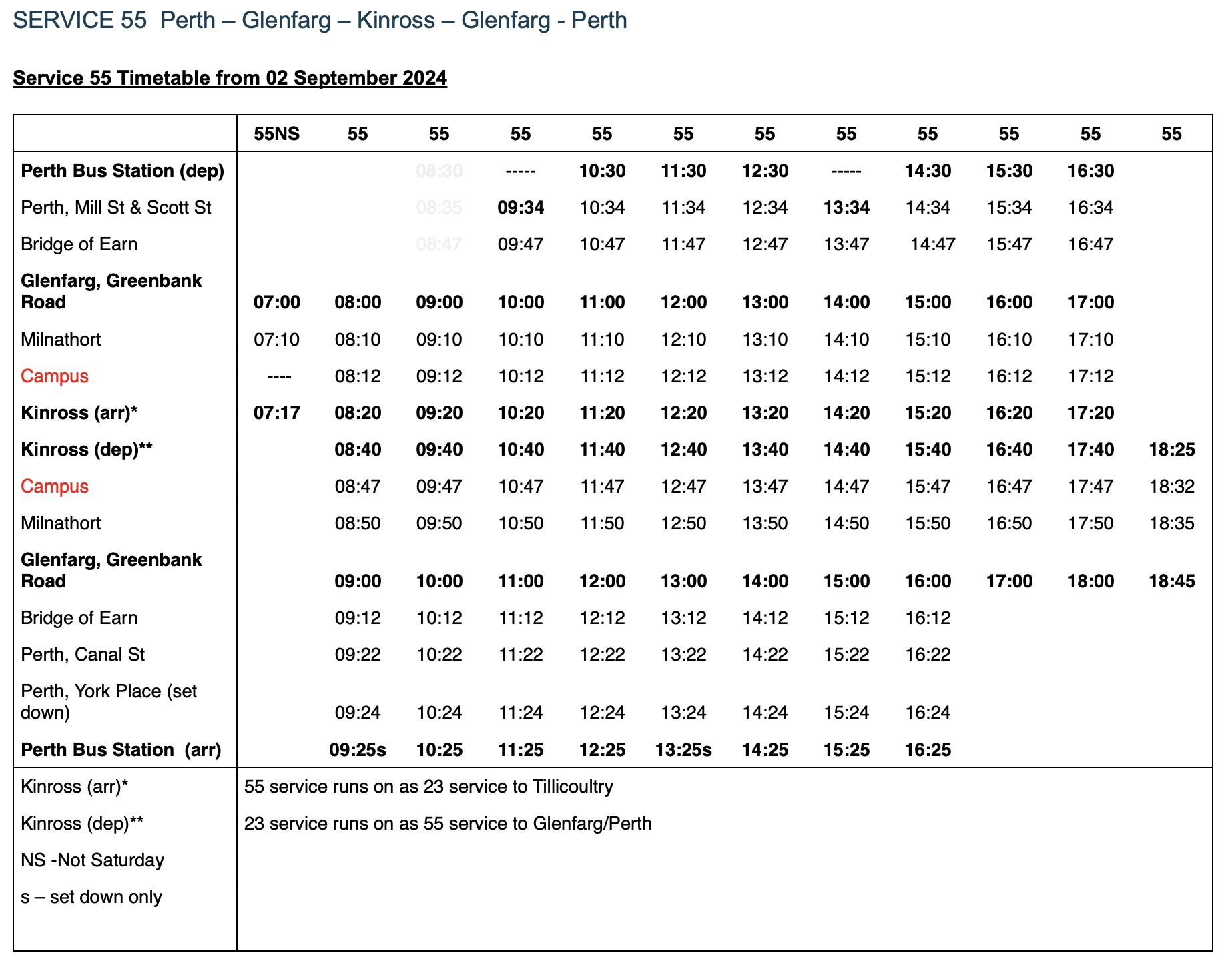 The 55 & 23 Public Bus Route Timetable - Glenfarg Community Transport